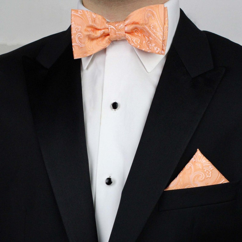 Peach Orange Tie Set | Formal Mens Paisley Necktie + Pocket Square Set ...