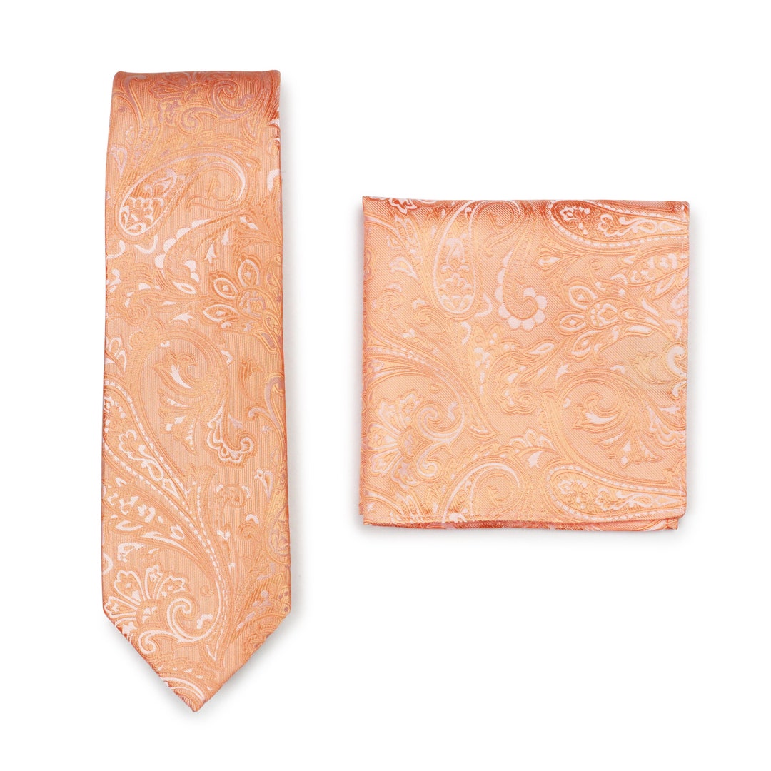 Peach Orange Tie Set | Formal Mens Paisley Necktie + Pocket Square Set ...