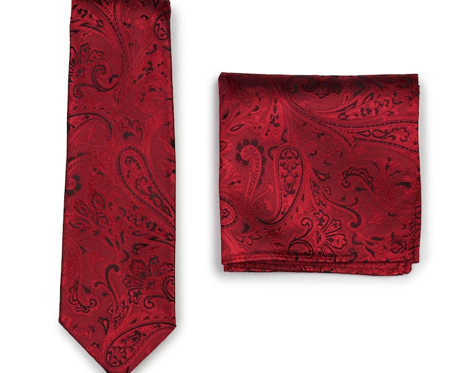 Ruby Red Tie Set Mens Necktie Pocket Square in Ruby Red Paisley Design ...