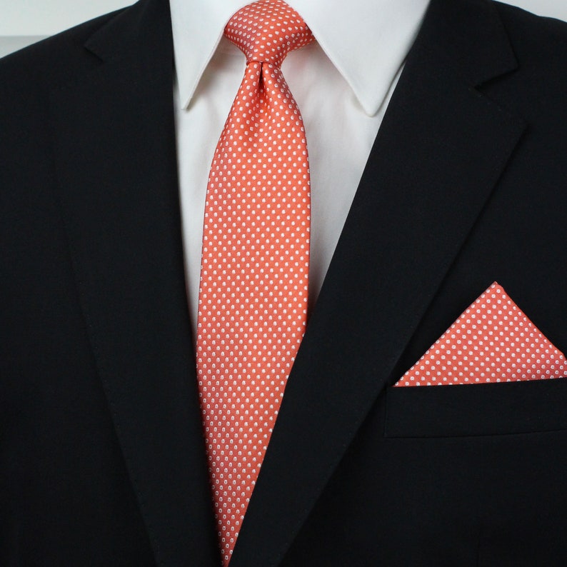 Coral Skinny Tie Set | Coral Slim Cut Pin Dot Tie With Matching Pocket ...