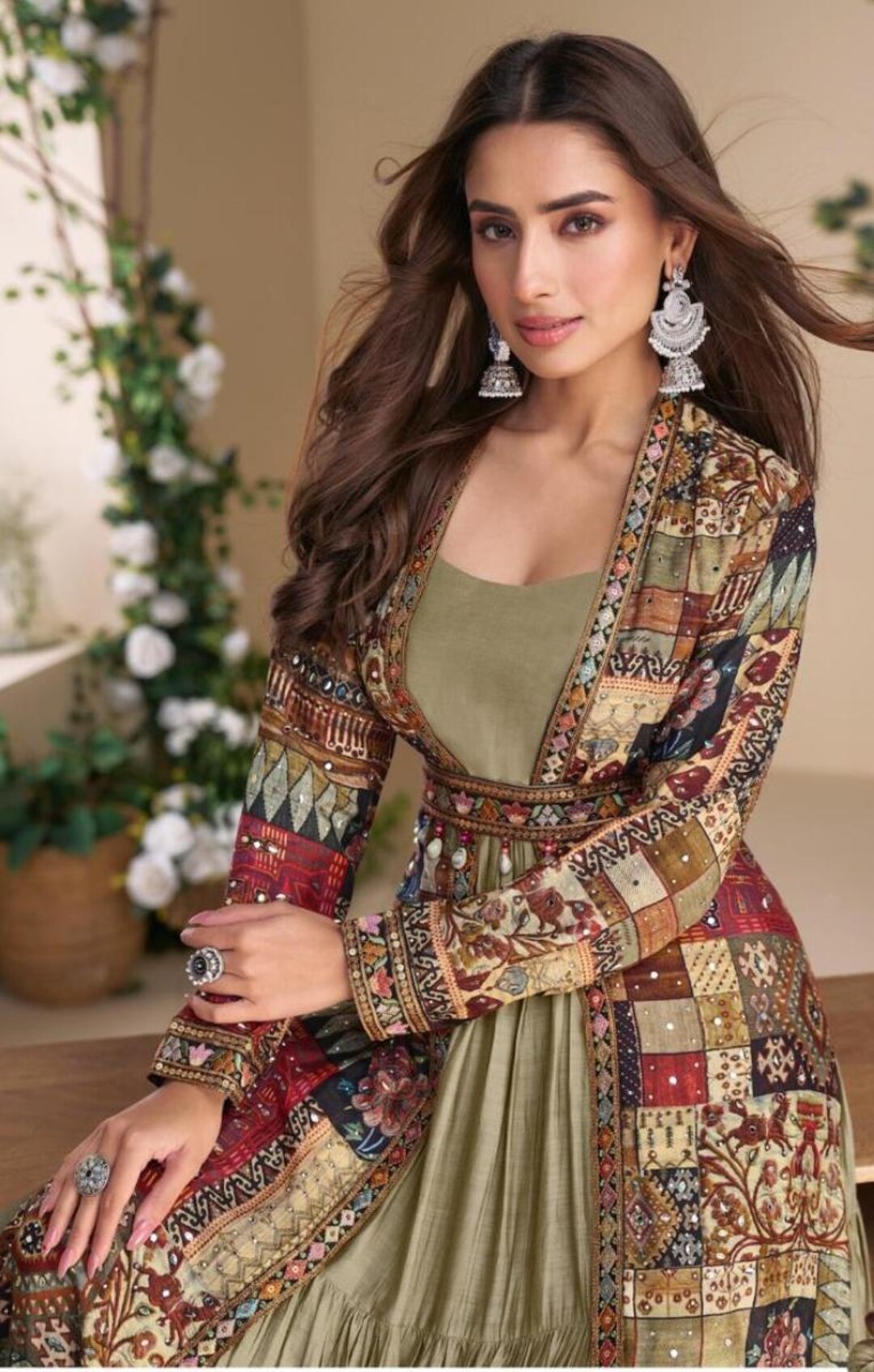 Georgette Anarkali Gown With Printed Silk Overcoat, Indian Wedding ...