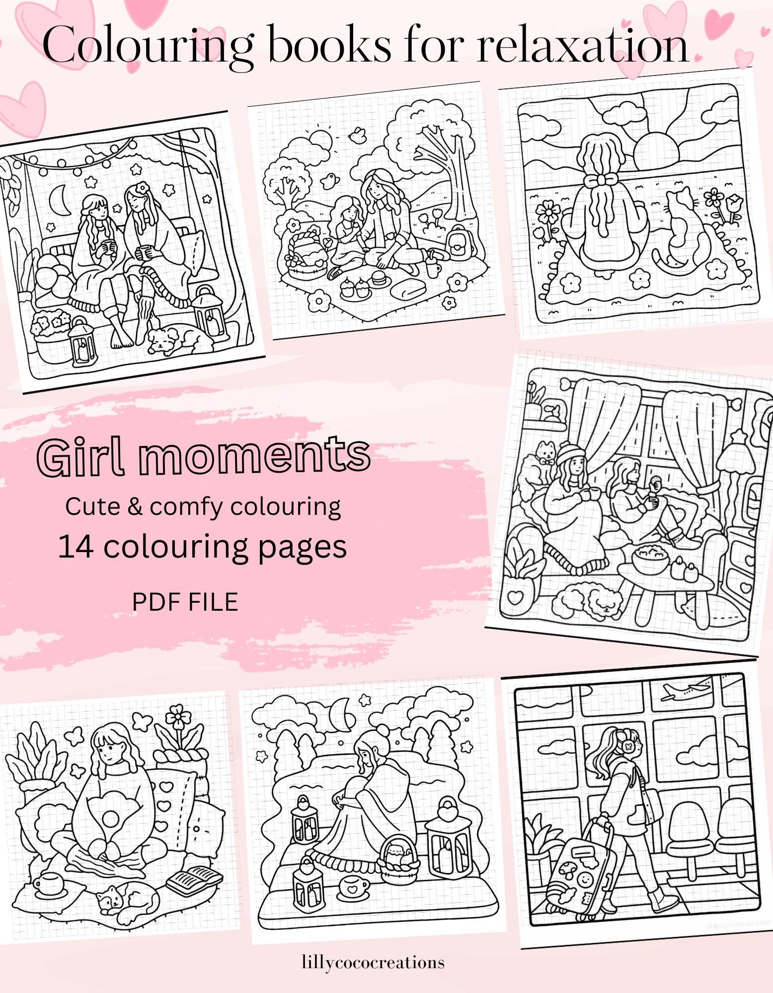 Girl Moments: Cute Cozy Daily Activities for Relaxation Coloring Book ...