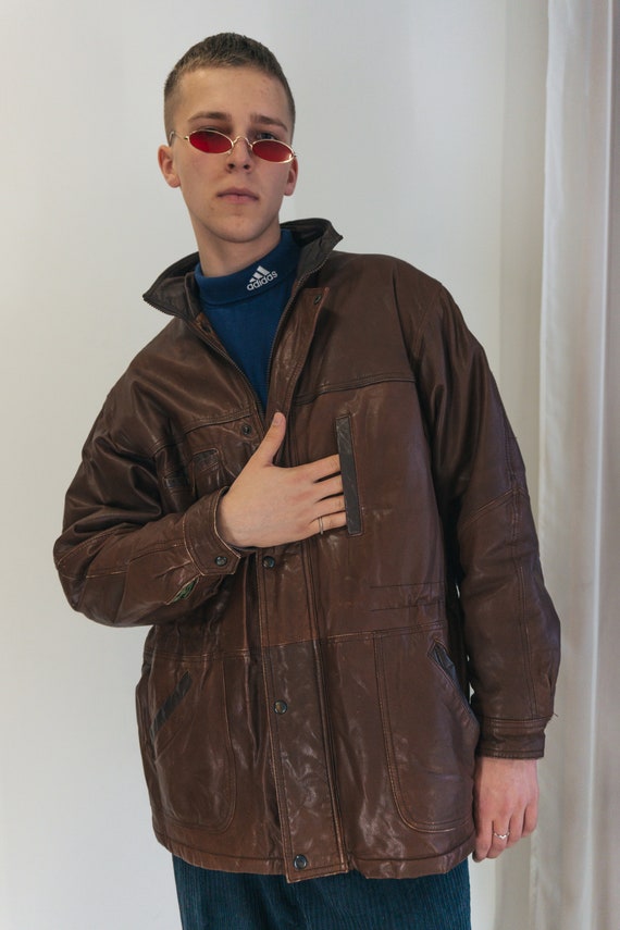 Vintage brown leather jacket / 90s genuine leather mi… - Gem