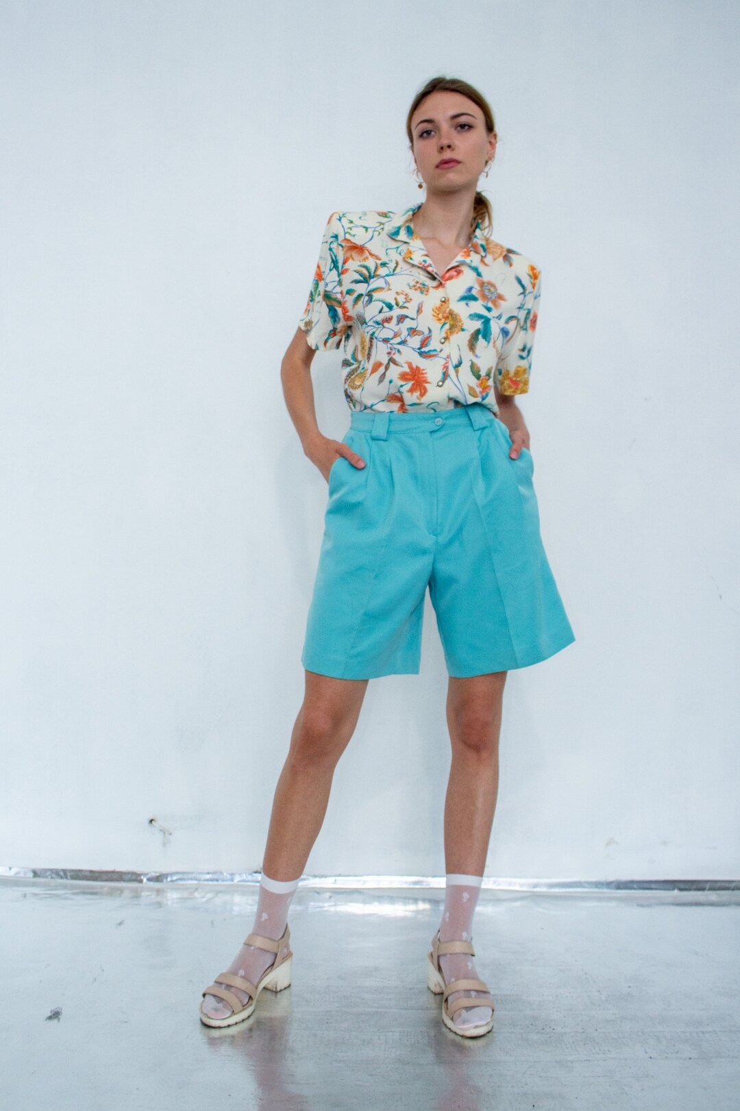 Vintage Cyan Blue Taylored Play Shorts / Midi Above the Knee Lenght ...