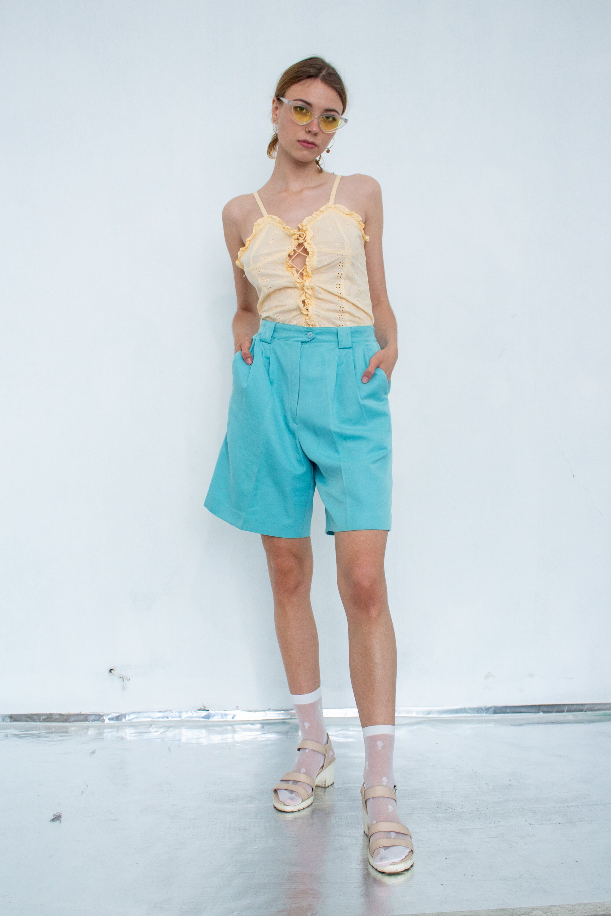 Vintage Cyan Blue Taylored Play Shorts / Midi Above the Knee Lenght ...