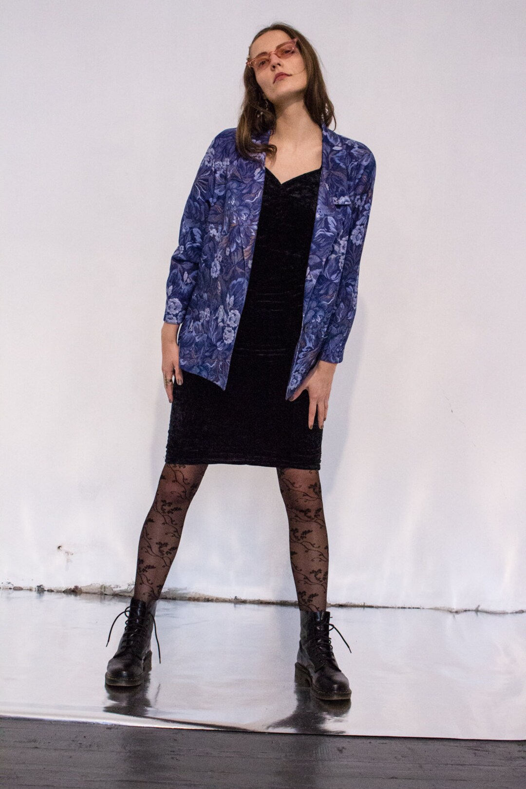 Vintage Floral Blue Flower Blazer / Flower Pattern Single Button Ladies ...