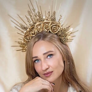Sunburst Golden Flower Crown, Halo Crown Gold Roses, Goddess Zip Tie ...