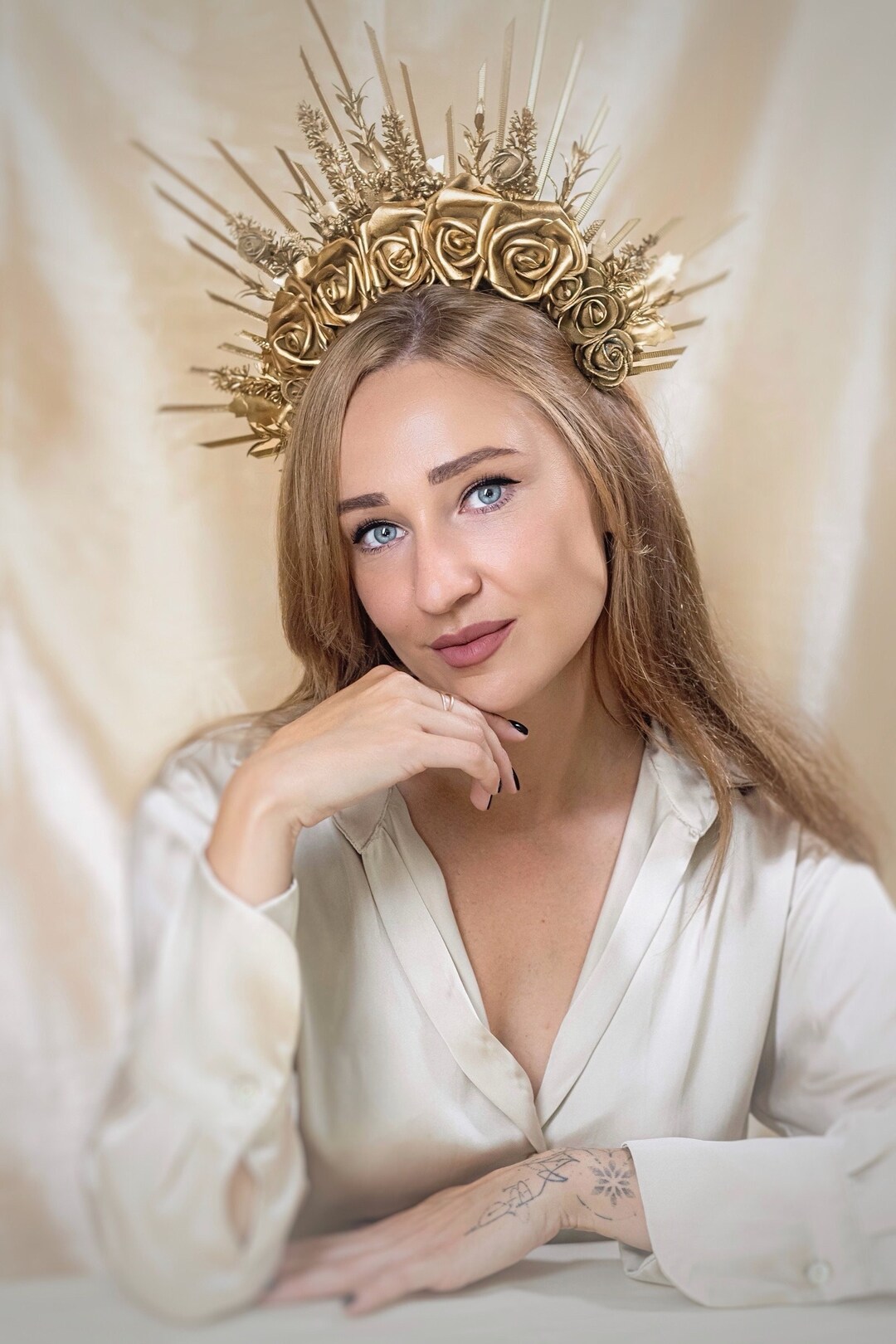 Sunburst Golden Flower Crown, Halo Crown Gold Roses, Goddess Zip Tie ...