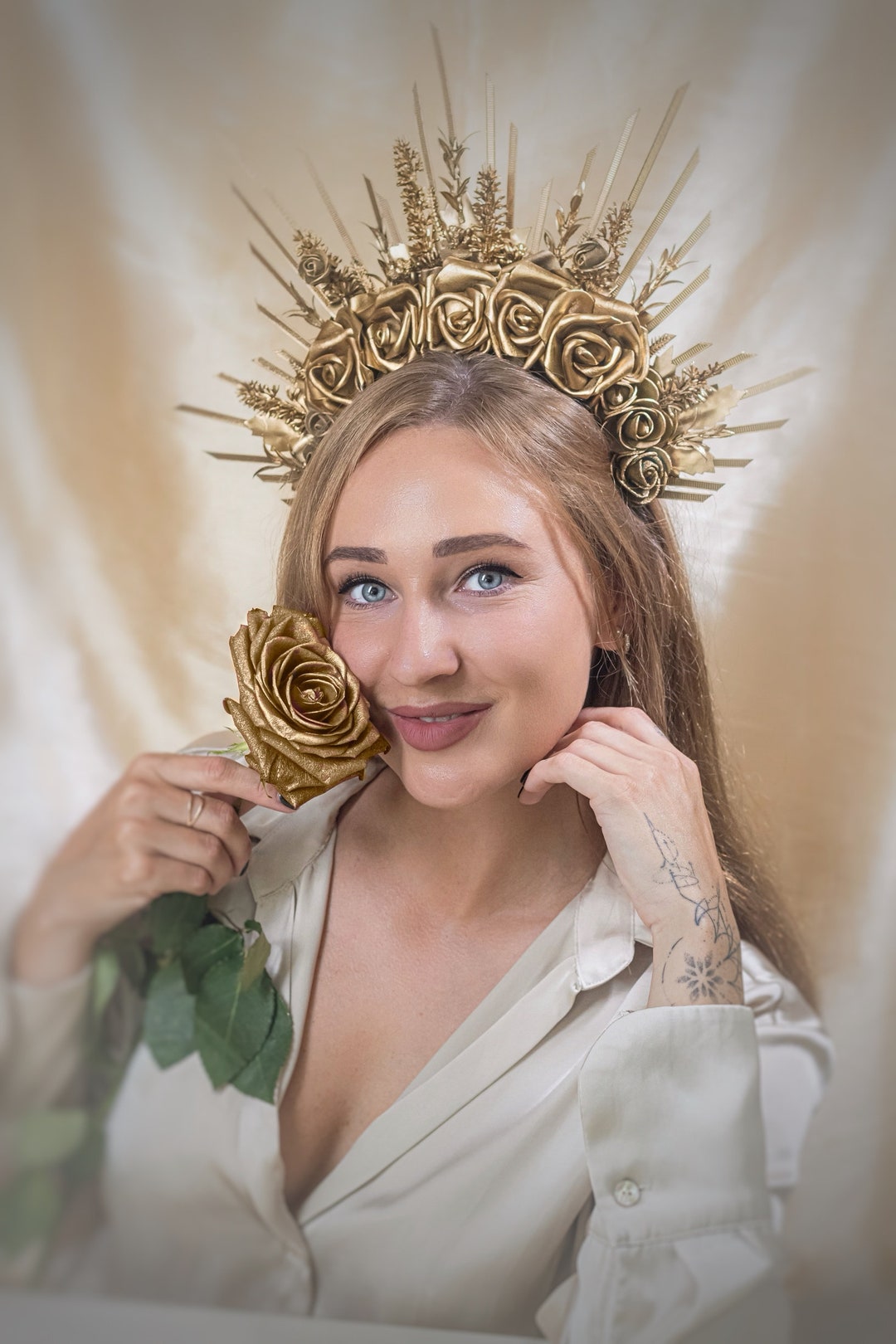 Sunburst Golden Flower Crown, Halo Crown Gold Roses, Goddess Zip Tie ...