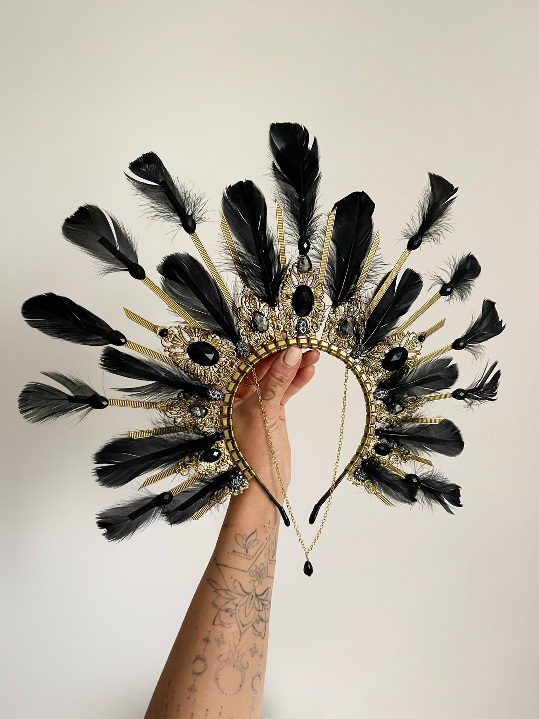 Halo Crown Black Feather Goddess Crown Sunburst Gold Halo - Etsy