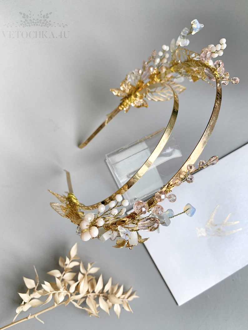 Double Gold Flower Crown Wedding Gold Headpiece Boho White - Etsy