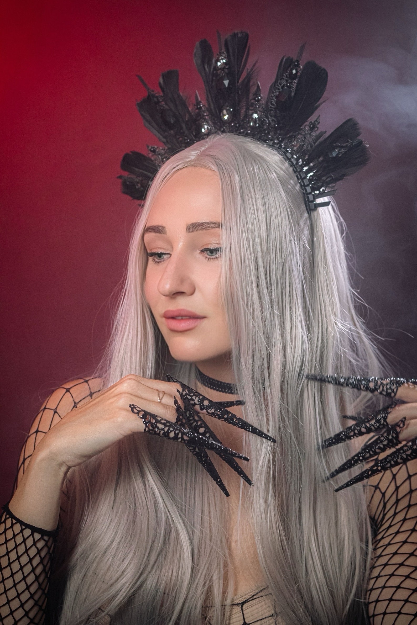 Black Feather Headband, Halo Crown, Gothic Headband, Witch Crown ...