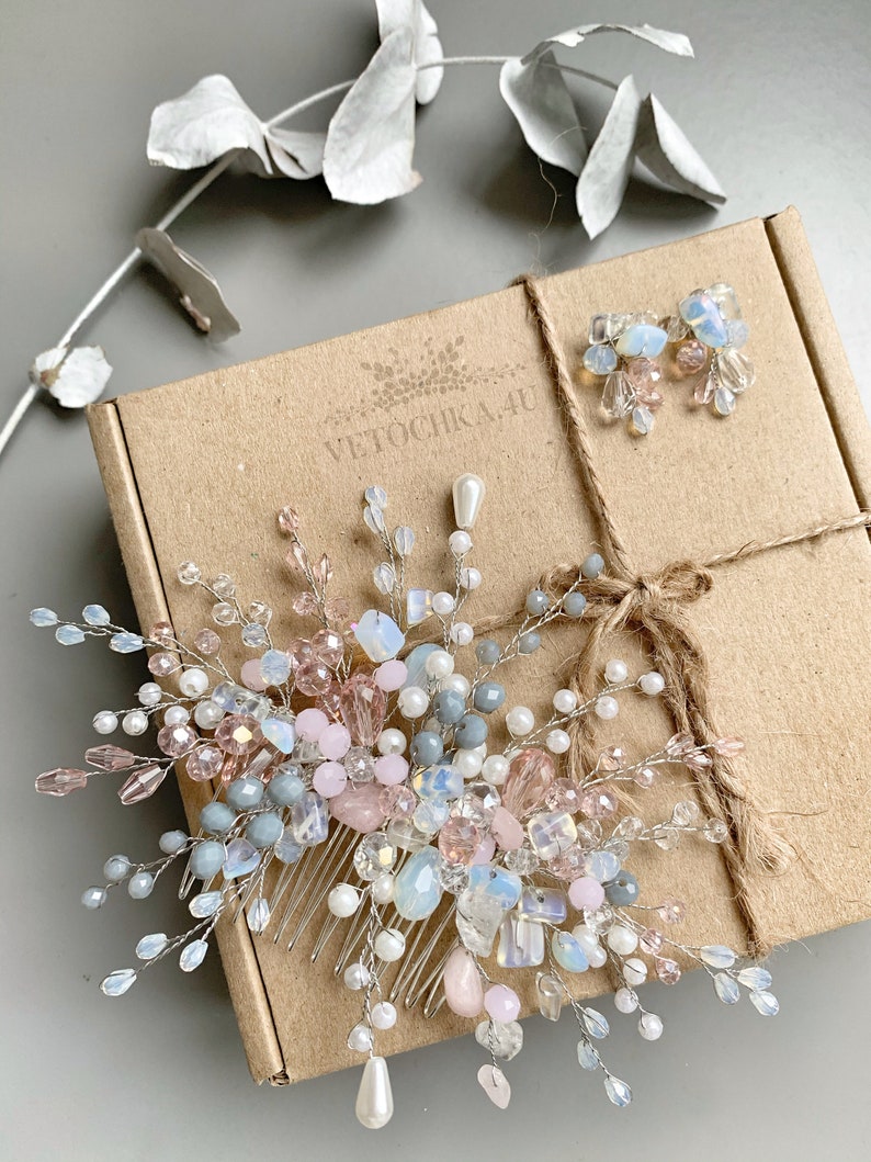 Moonstone Bridal Hair Comb Set Something Blue Jewelry Set - Etsy