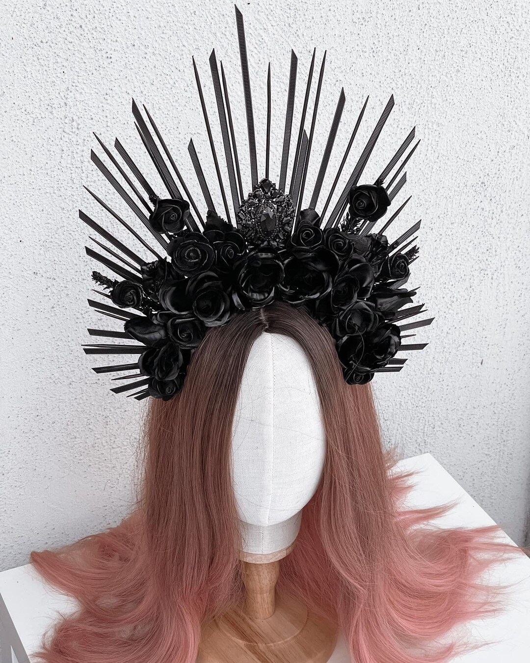 Gothic Wedding Halo Crown Headband, Black Roses Headdress, Pagan Crown ...