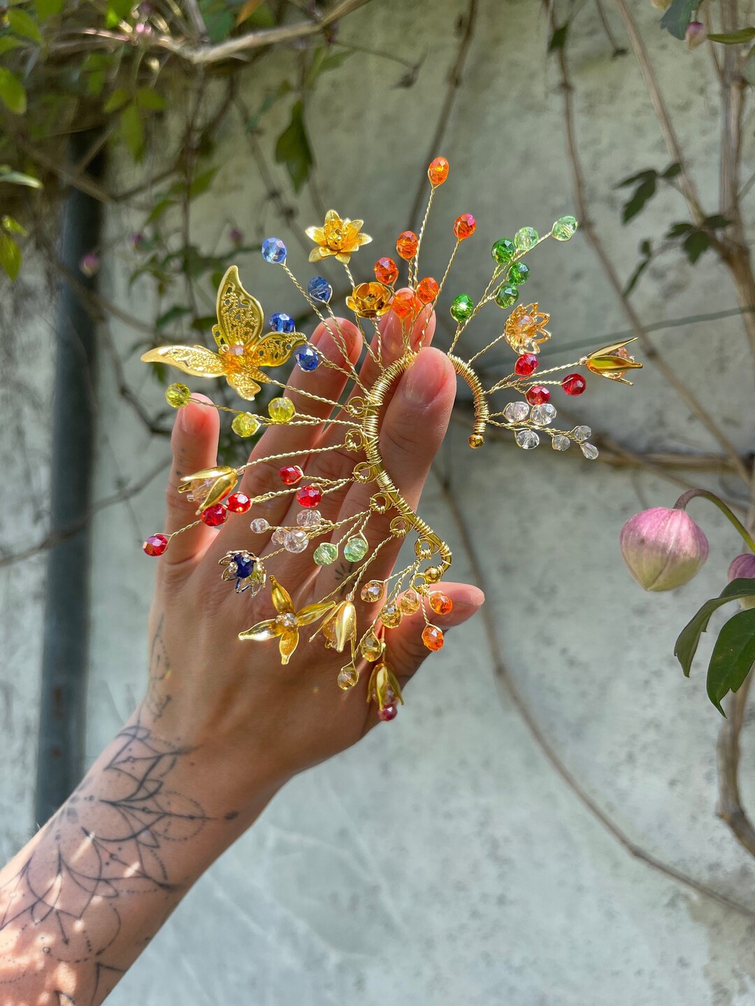 Rainbow Ear Cuff Colorful, Flower Elven Ear Cuff Gold, Bridal Butterfly ...