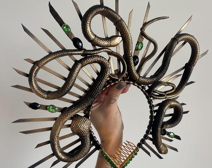 Medusa Crown, Snakes Headpiece, Snake Green Crystal Crown, Pegan Crown ...