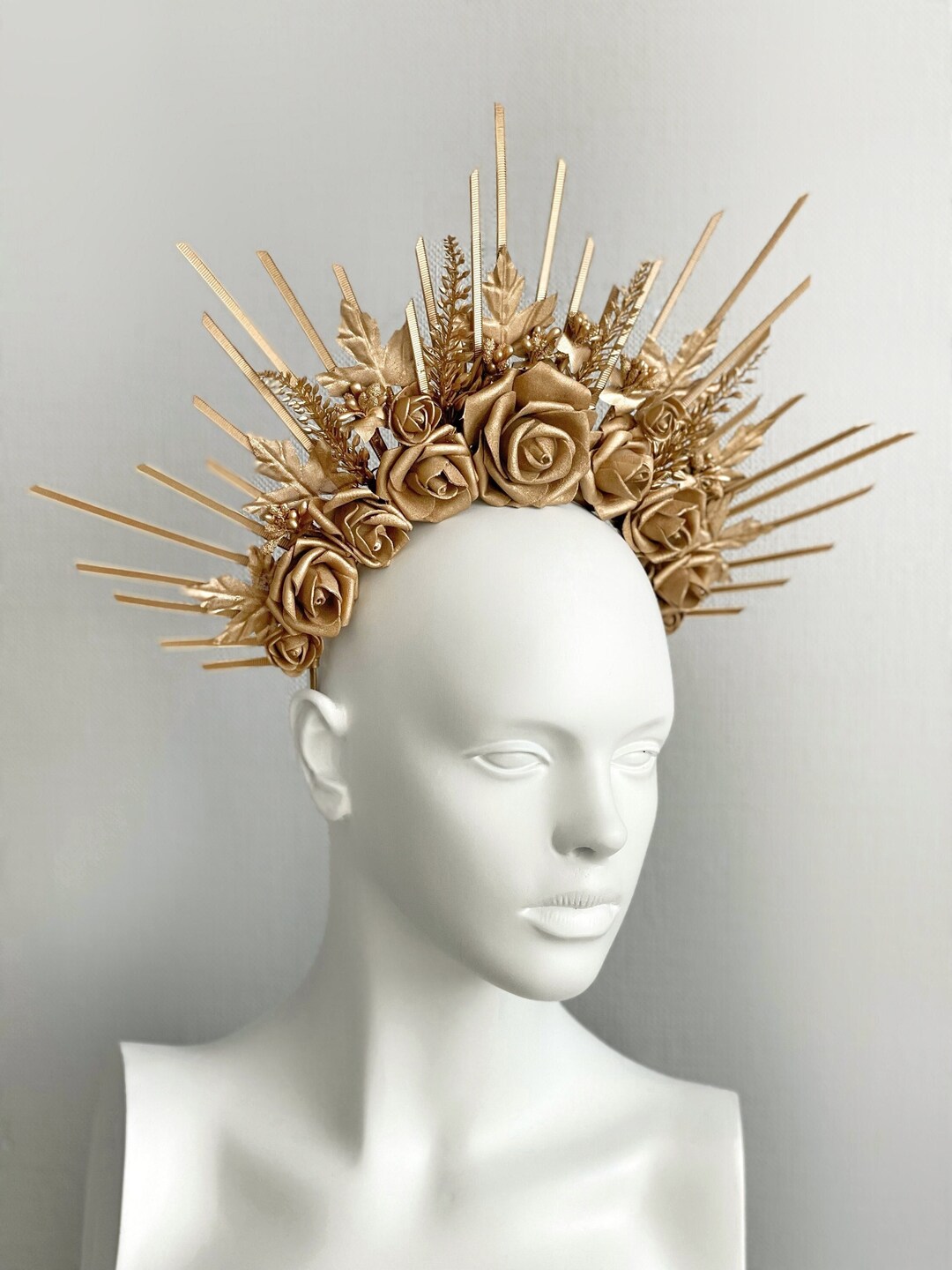 Sunburst Golden Flower Crown Women, Halo Crown Gold Roses, Goddess Zip ...