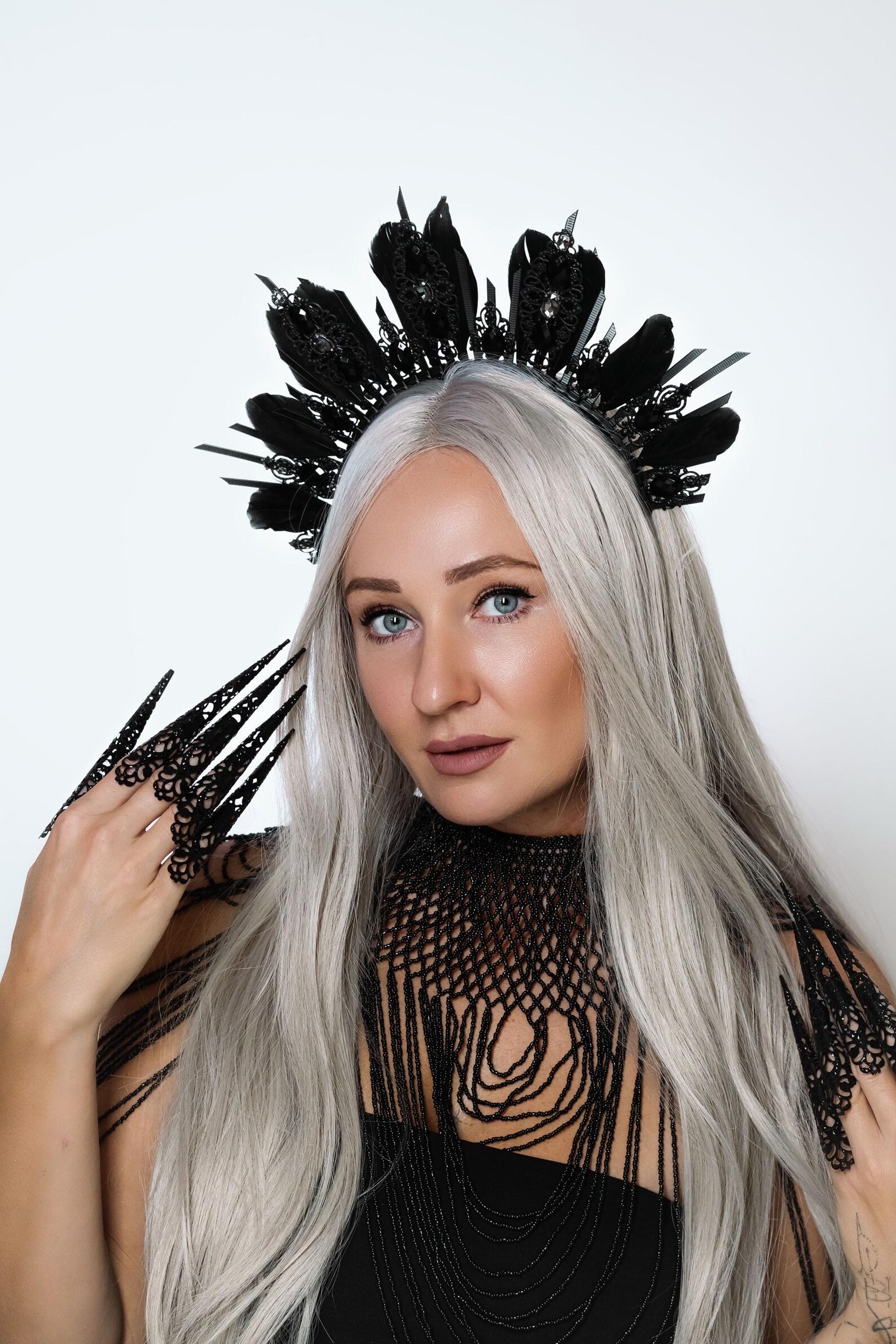 Black Feather Headband, Halo Crown, Gothic Headband, Witch Crown ...