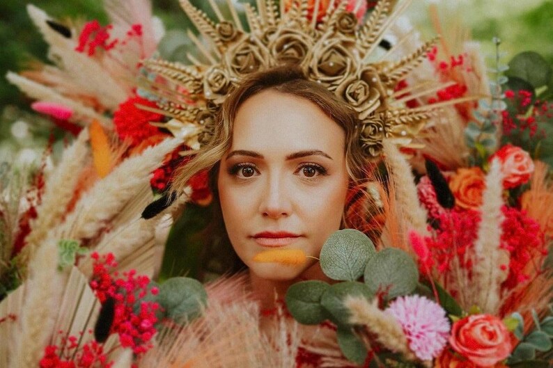 Sunburst Golden Flower Crown, Halo Crown Gold Roses, Goddess Zip Tie ...