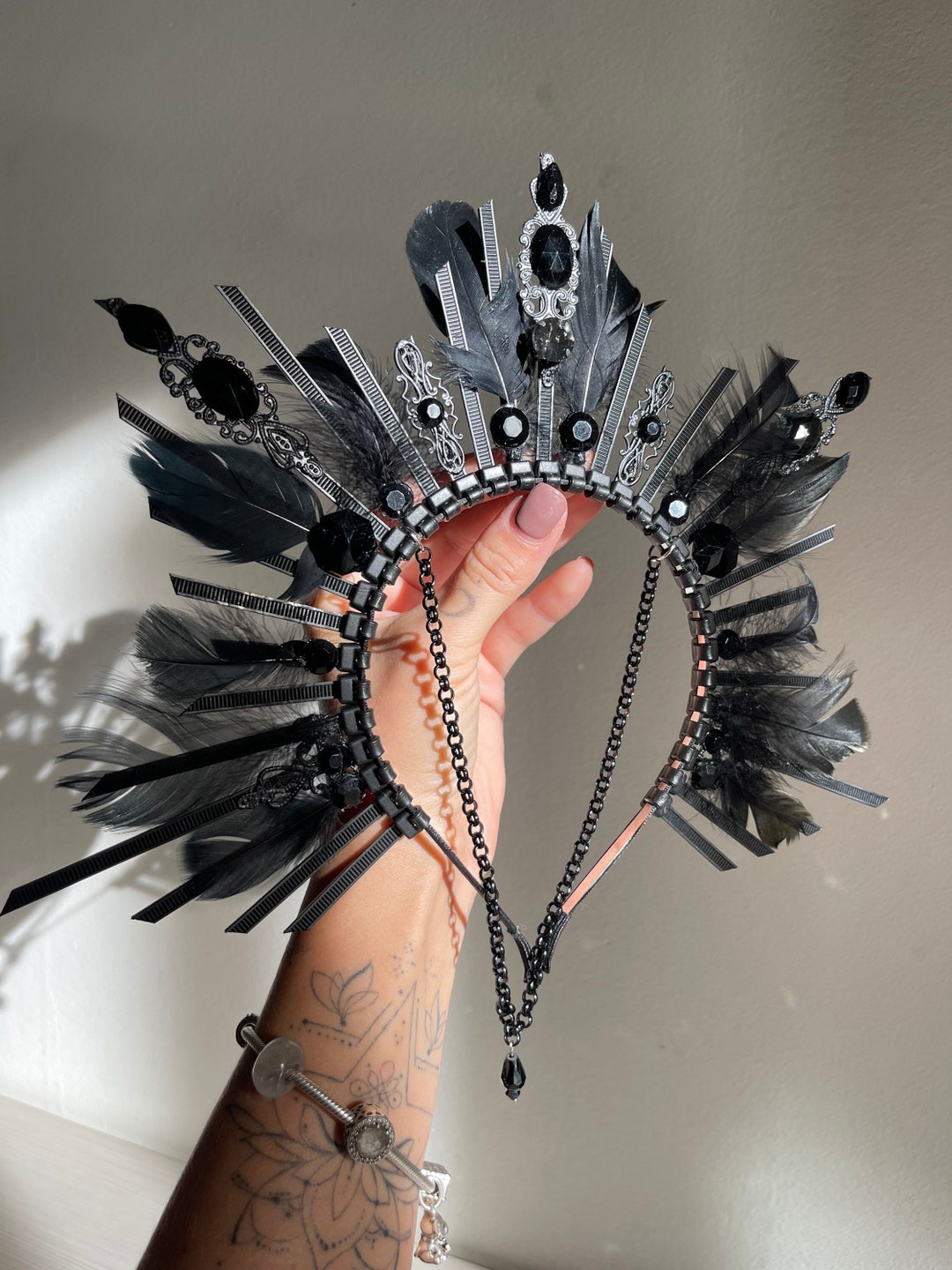 Black Feather Headband, Halo Crown, Gothic Headband, Witch Crown ...