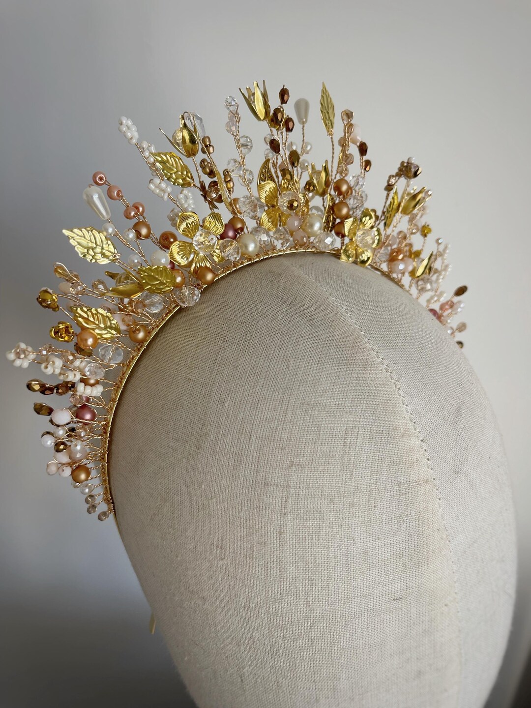 Bridal Gold Flower Crown, Fall Crown, Goddess Halo Crown, Wedding ...