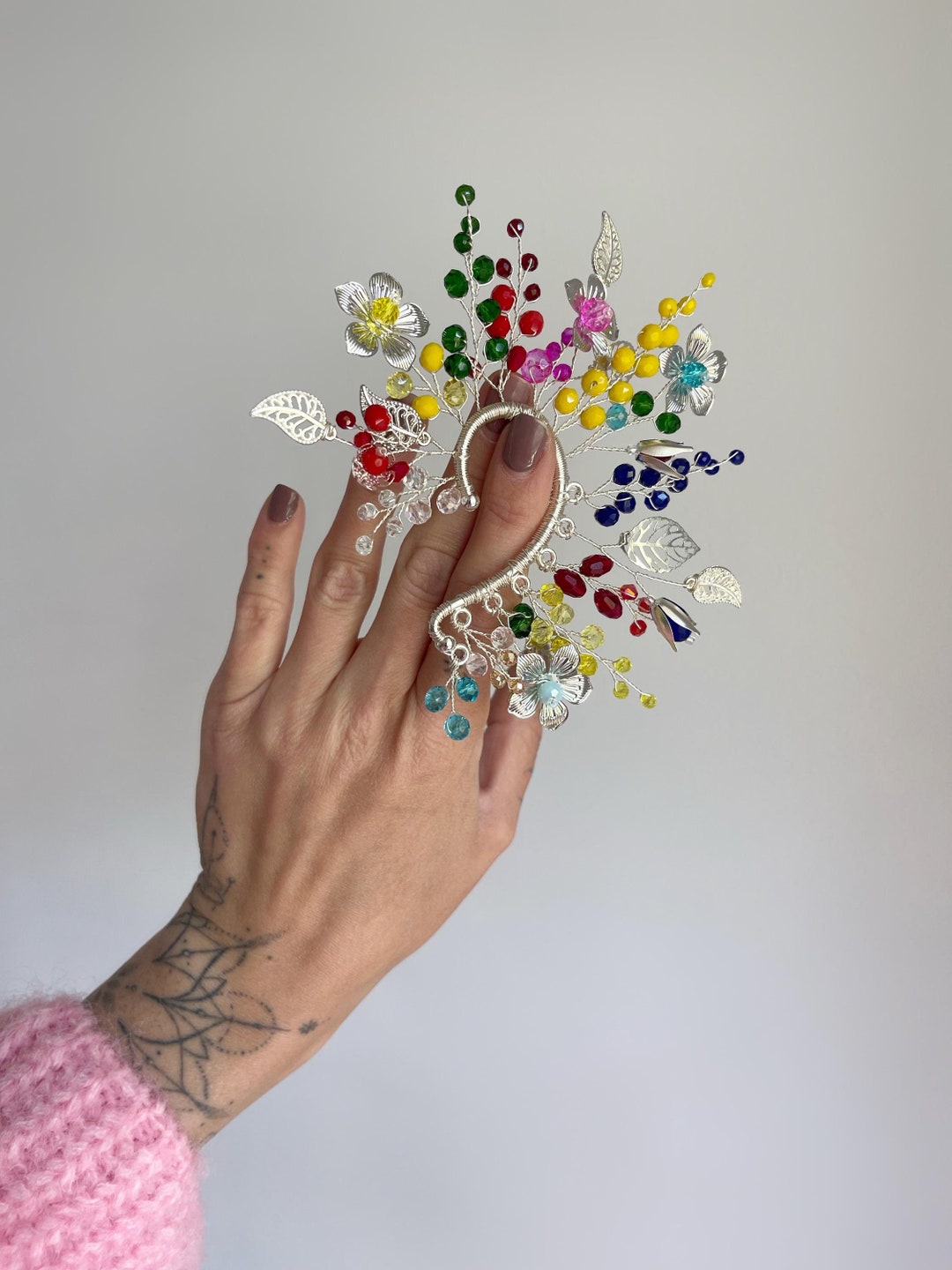 Rainbow Ear Cuff Colorful, Flower Elven Ear Cuff Gold, Bridal Butterfly ...