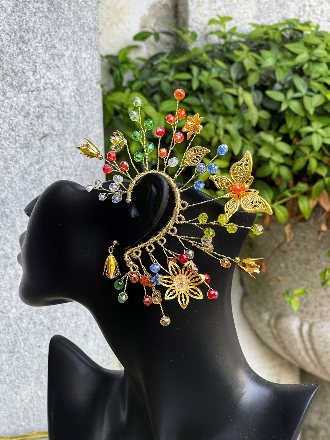Rainbow Ear Cuff Colorful, Flower Elven Ear Cuff Gold, Bridal Butterfly ...