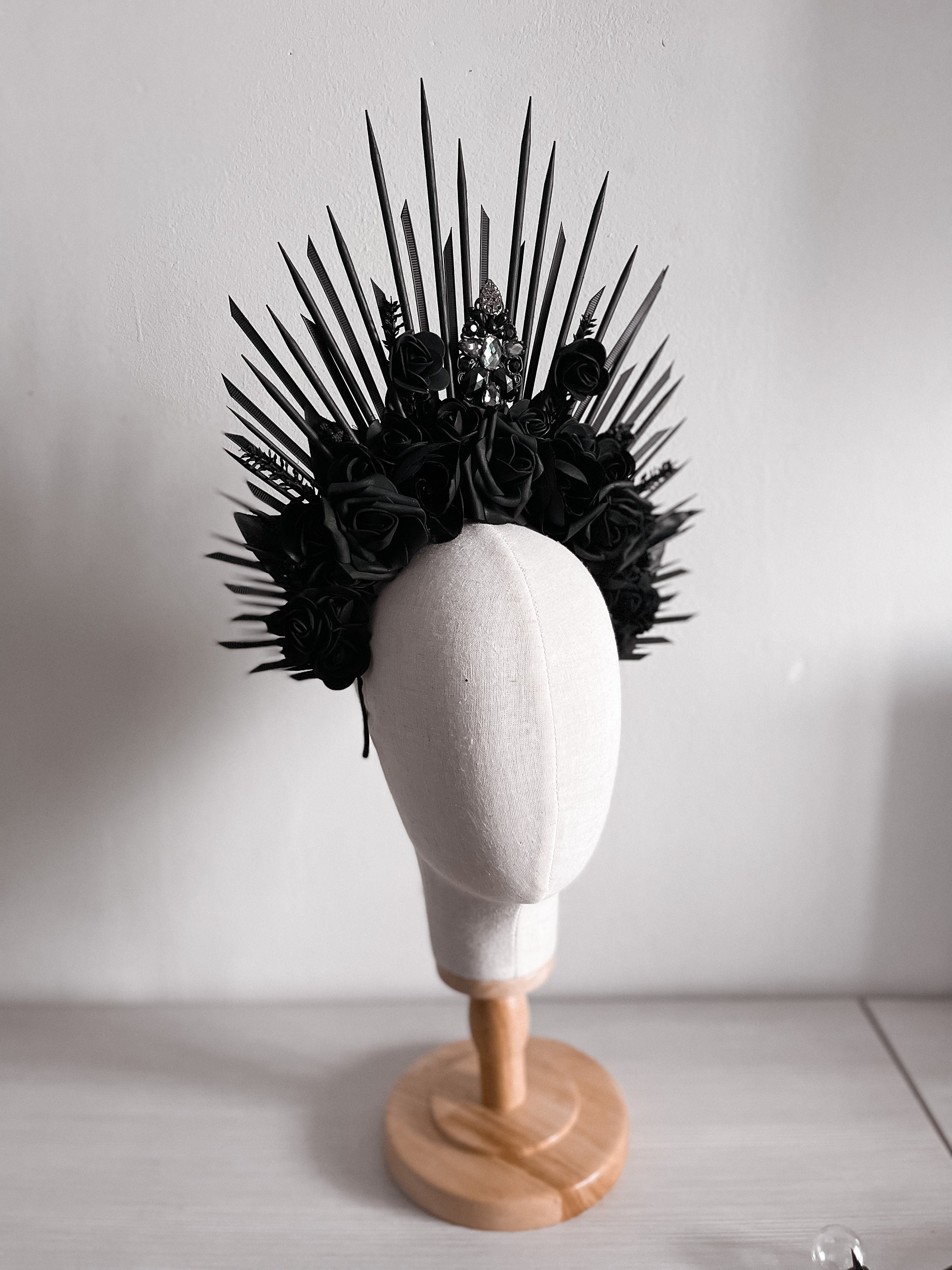 Gothic Wedding Halo Crown Headband, Black Roses Headdress, Pagan Crown ...