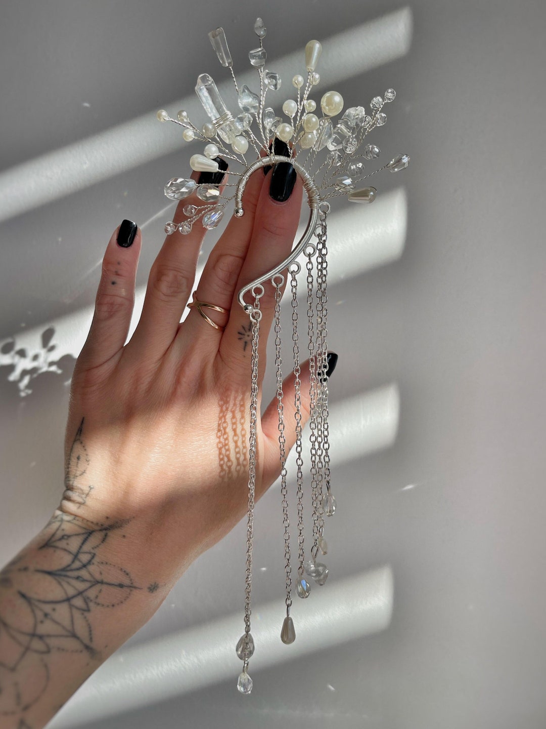 Pearl Ear Cuff Silver Ear Cuff Chain No Piercing Ear Cuff Fairy Ear ...