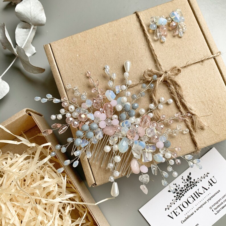 Moonstone Bridal Hair Comb Set Something Blue Jewelry Set - Etsy