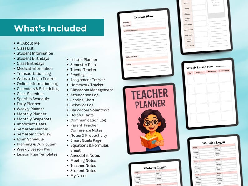 69-page Teacher Planner Printable | Lesson Plans, Class Info ...