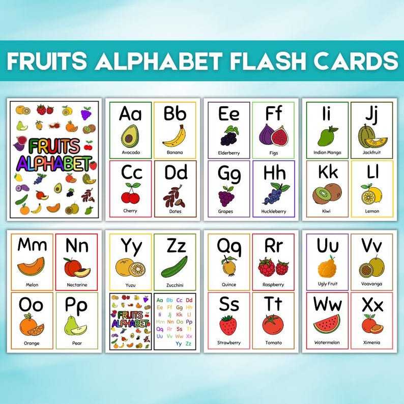 Printable Fruits Alphabet Flash Cards A–Z – Colorful Fruit ...