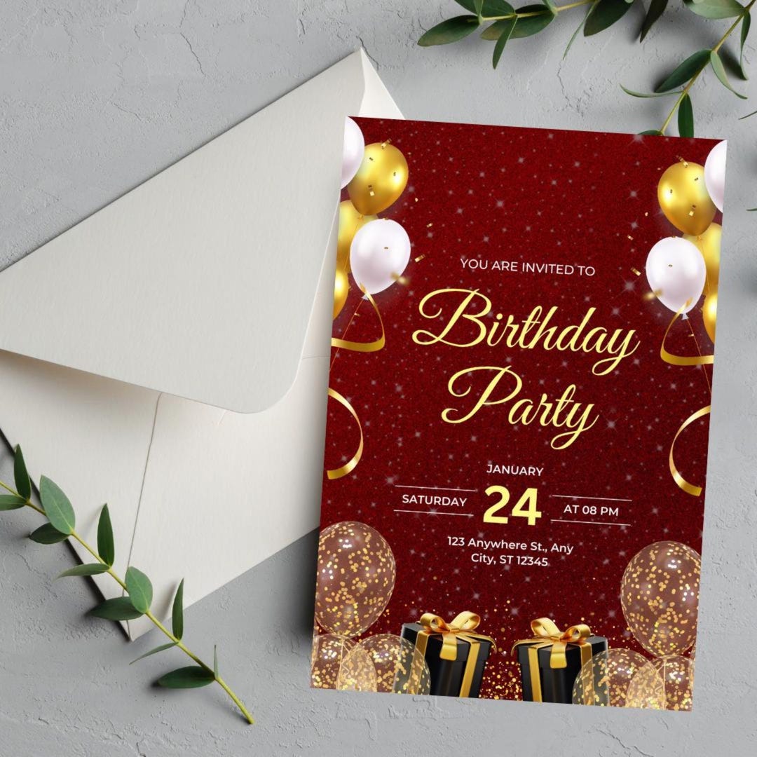 Red Gold Birthday Invitation Canva Design Invite Digital Download - Etsy