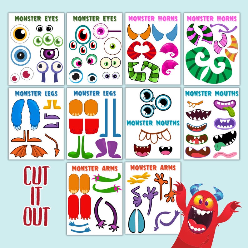 Kids Activity Sheets Printable Build A Monster Cut and Paste - Etsy