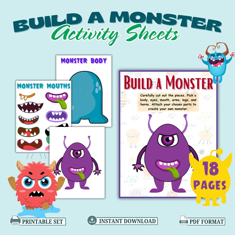 Kids Activity Sheets Printable Build A Monster Cut and Paste - Etsy