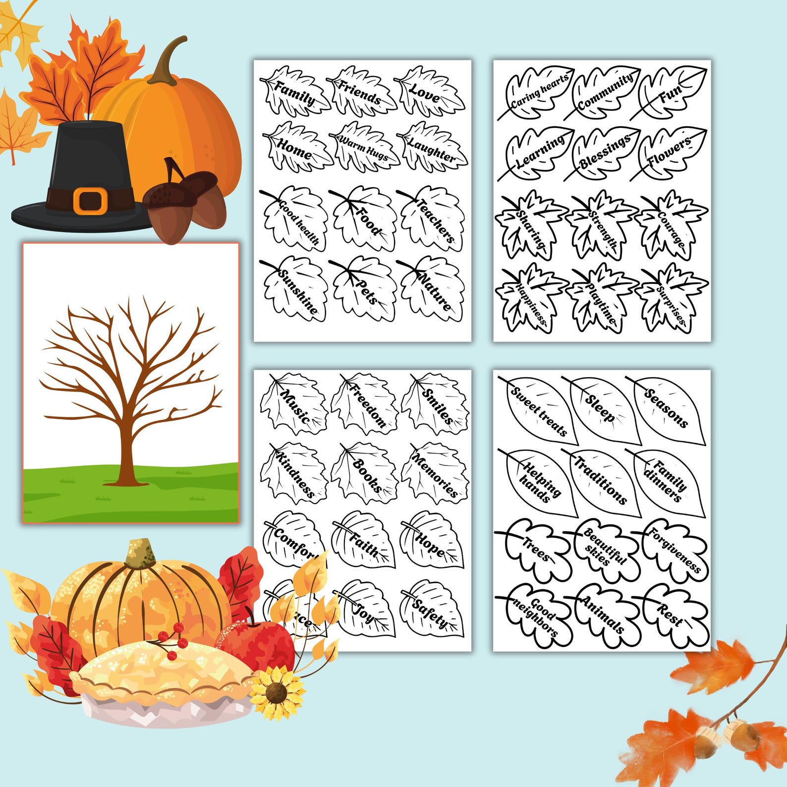 Thanksgiving Thankful Tree Printable, 5 Pages, Gratitude Leaves Craft ...
