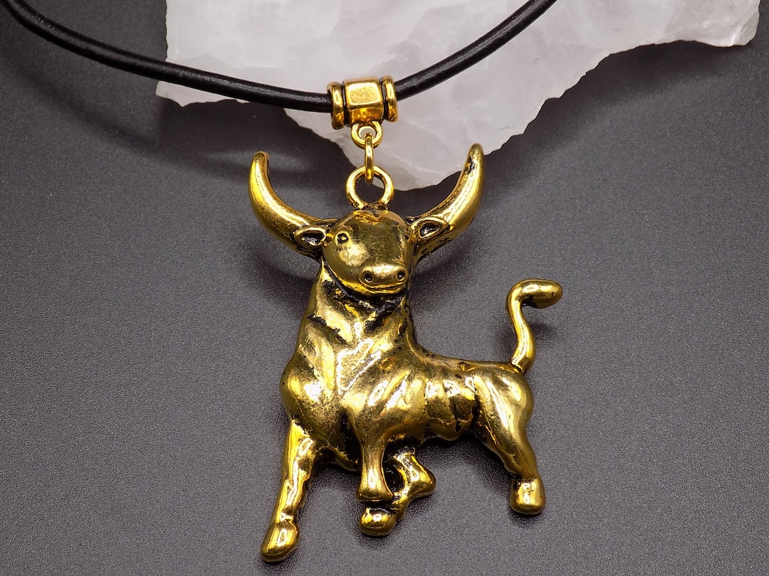 Golden Bull Pendant Necklace | Antique Gold Finish | Black Leather Cord ...