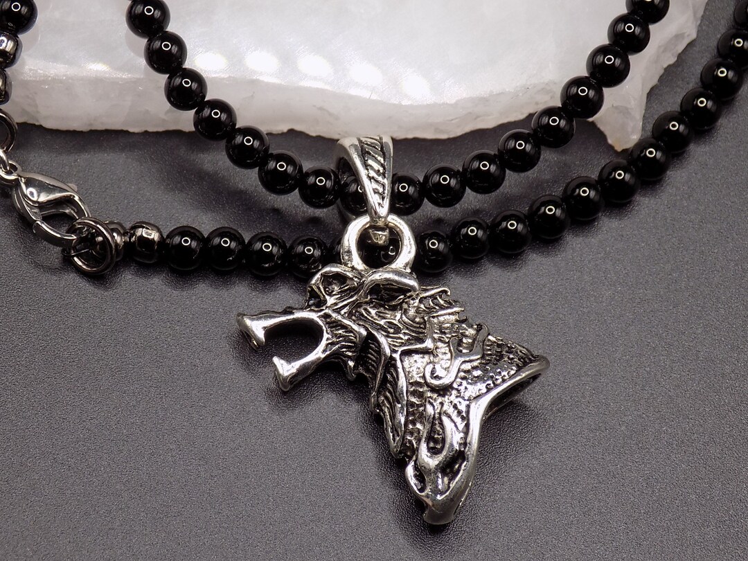 Black Onyx Wolf Head Pendant Necklace, 4mm Black Stone Bead Canine ...