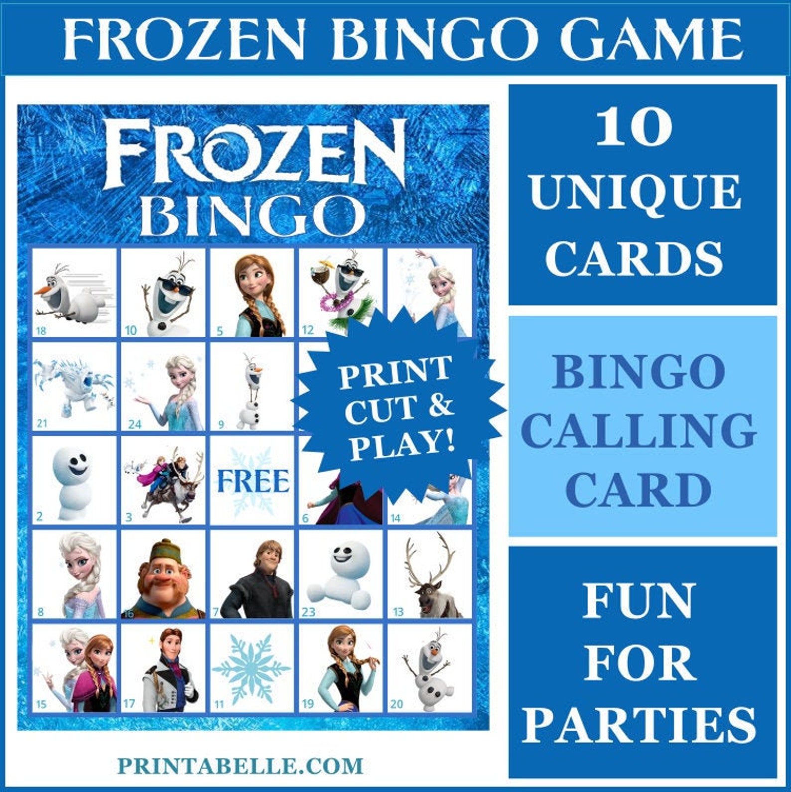 FROZEN Bingo Printable Game - 10 Cards + a Calling Card - INSTANT ...
