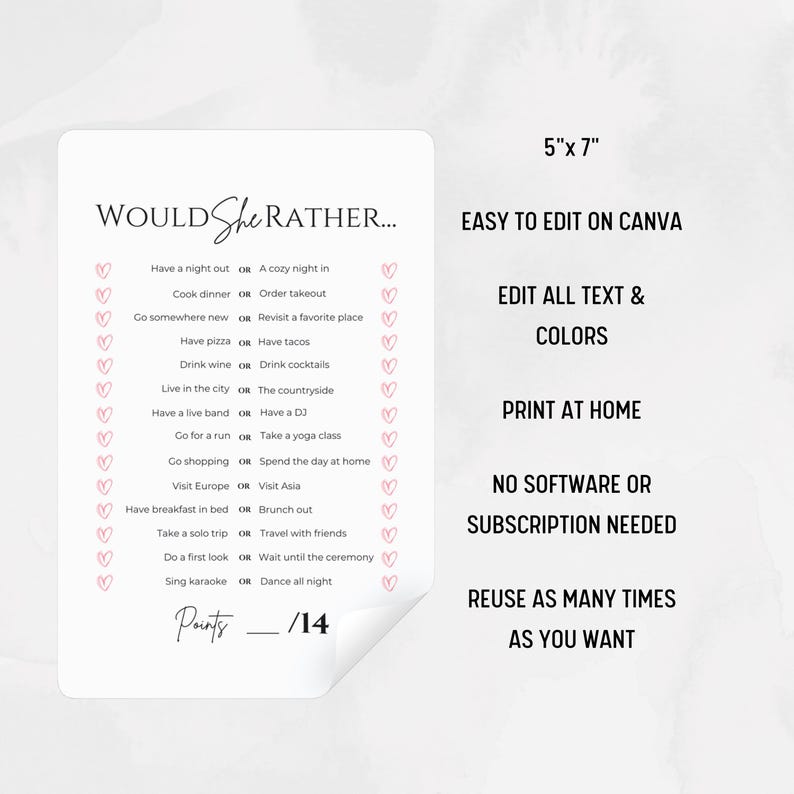 Would She Rather Template Bridal Shower Party Game Editable Digital ...