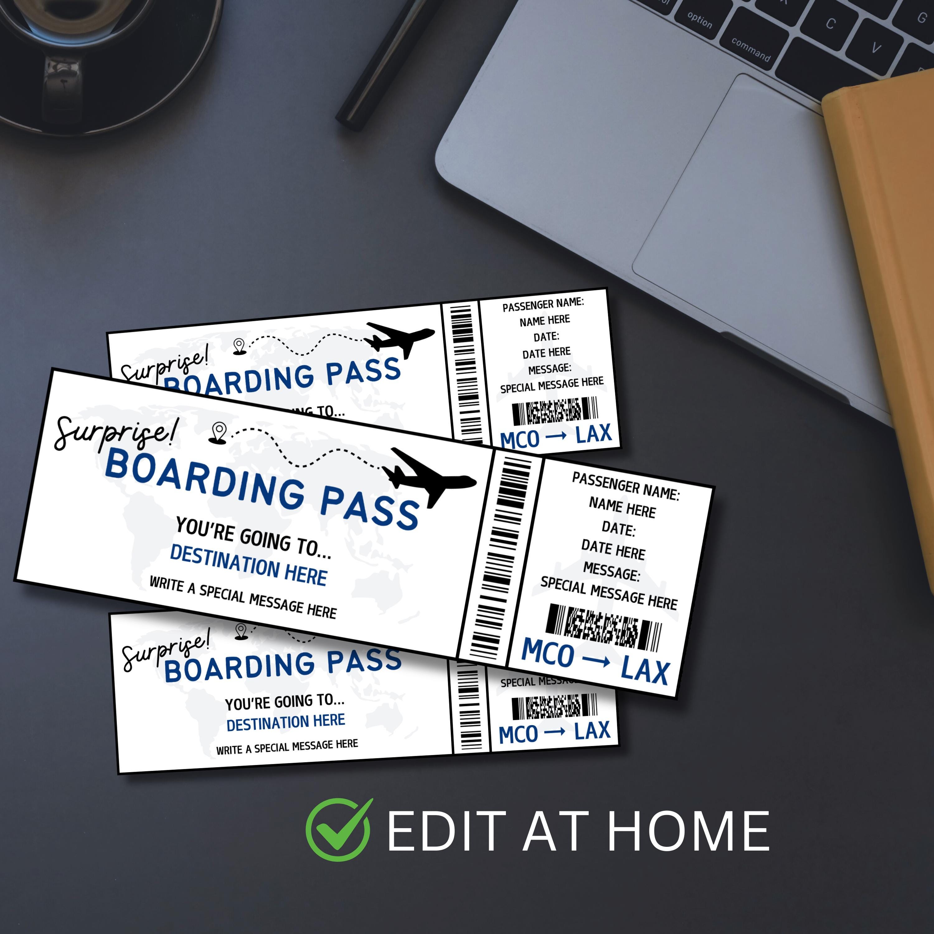 Plane Ticket Template Personalized Editable Boarding Pass Airplane Trip ...