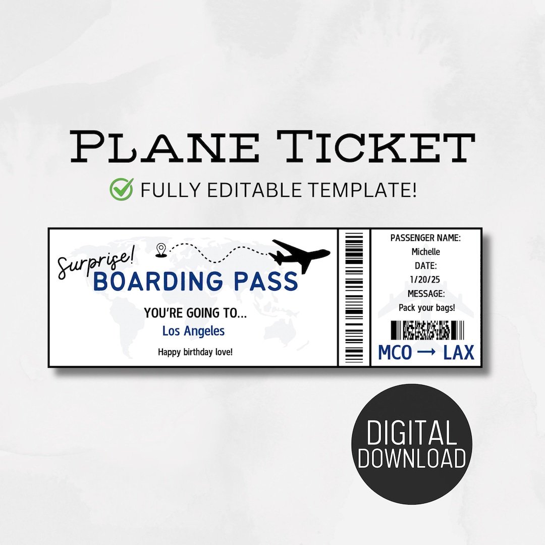 Editable Boarding Pass Plane Ticket Template Surprise Reveal Souvenir ...