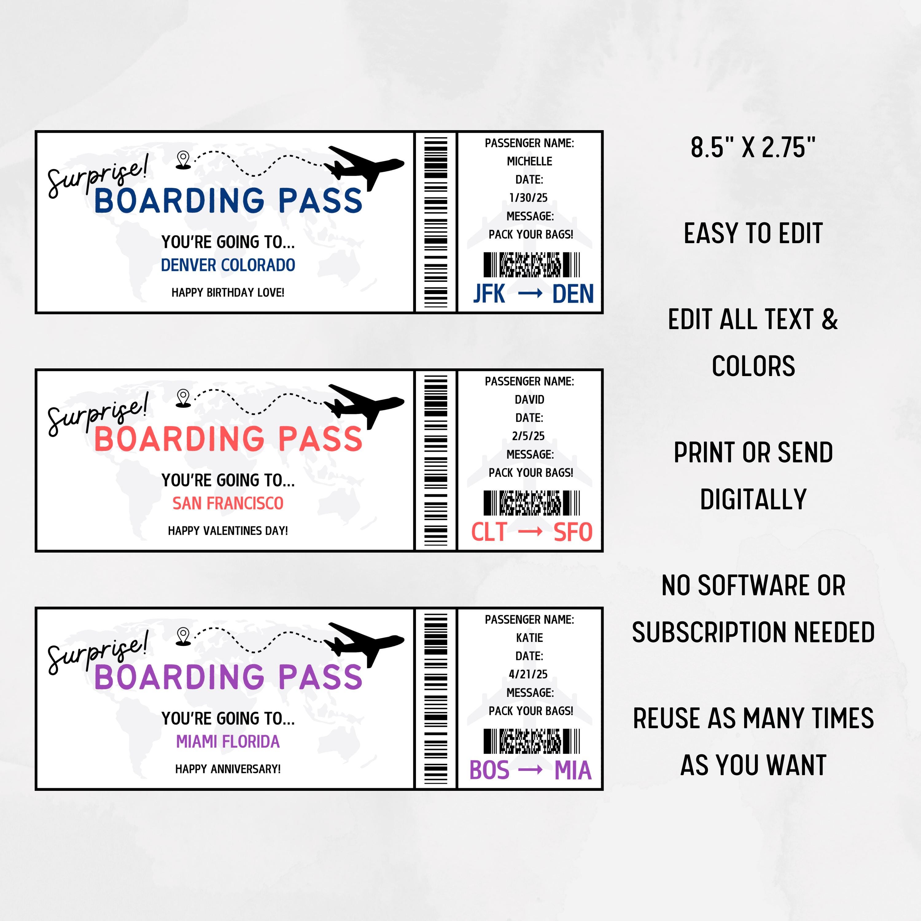 Editable Boarding Pass Plane Ticket Template Surprise Reveal Souvenir ...