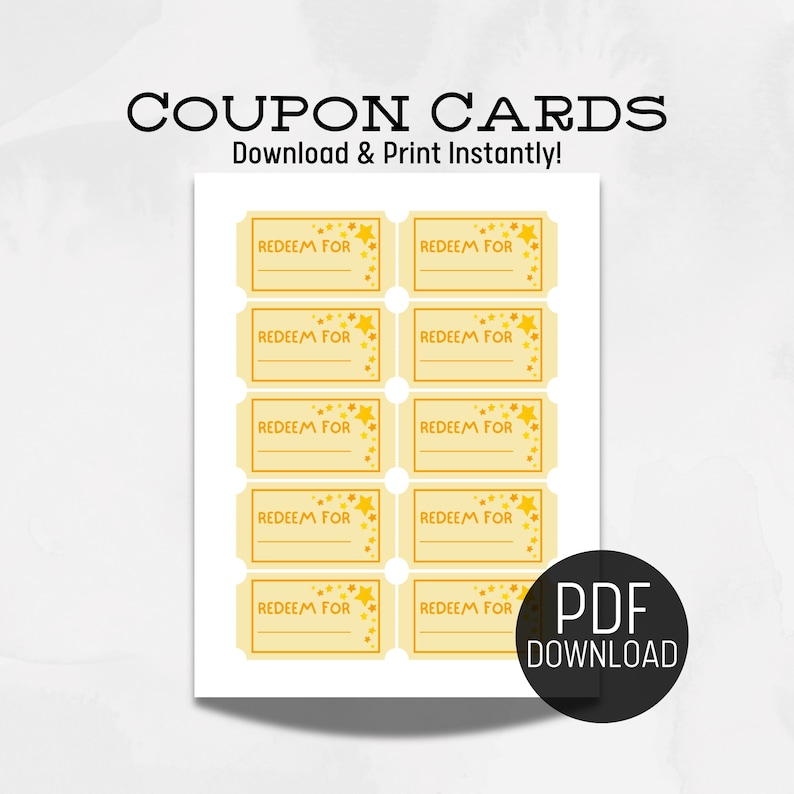 Coupon Book Printable Blank Card Tickets Sheet Gift Voucher PDF Instant ...