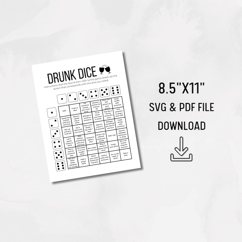 Drunk Dice Game Fun & Easy at Home Adult Drinking Game SVG PDF Instant ...