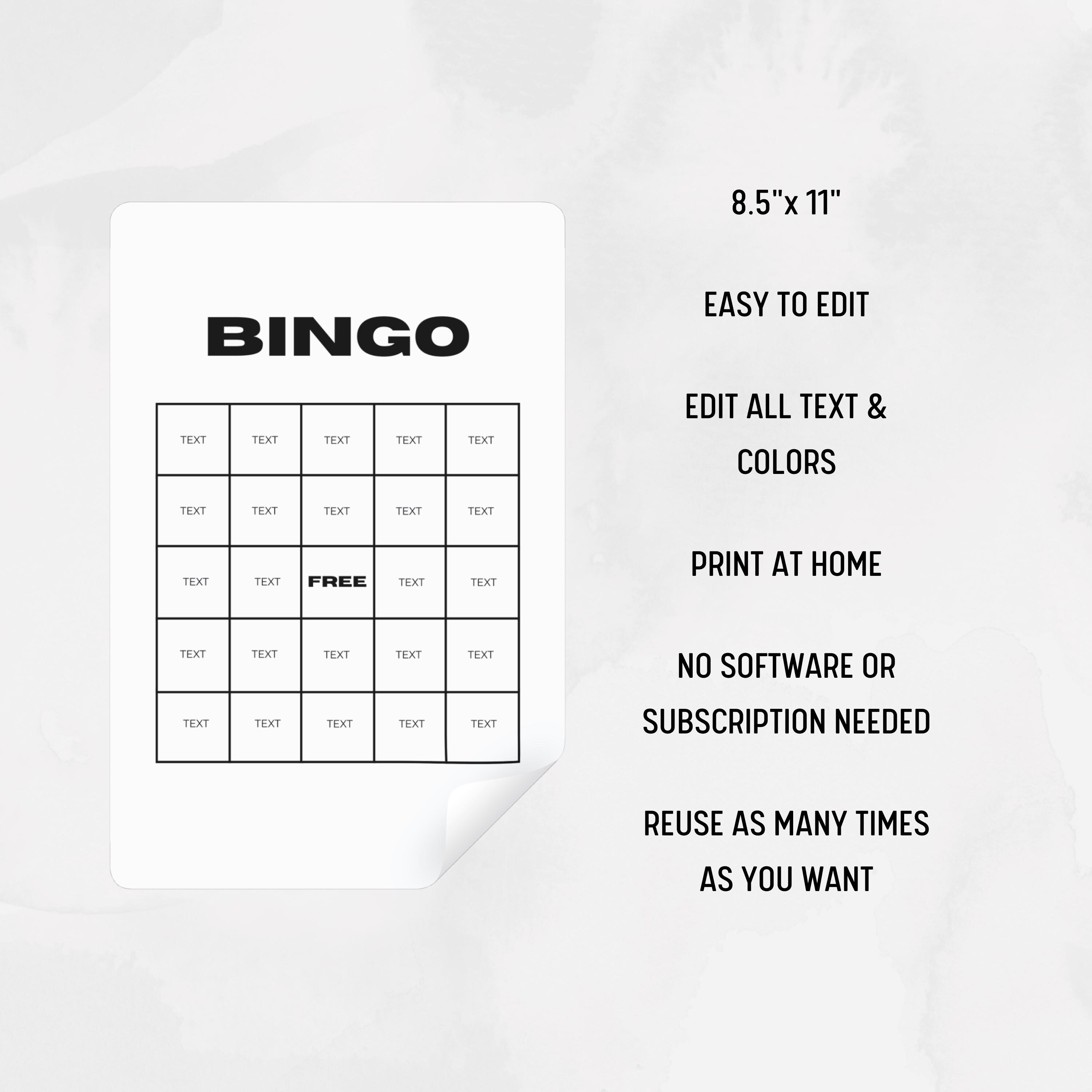 Bingo Card Template Blank Editable Party Drinking Bingo Game Printable ...