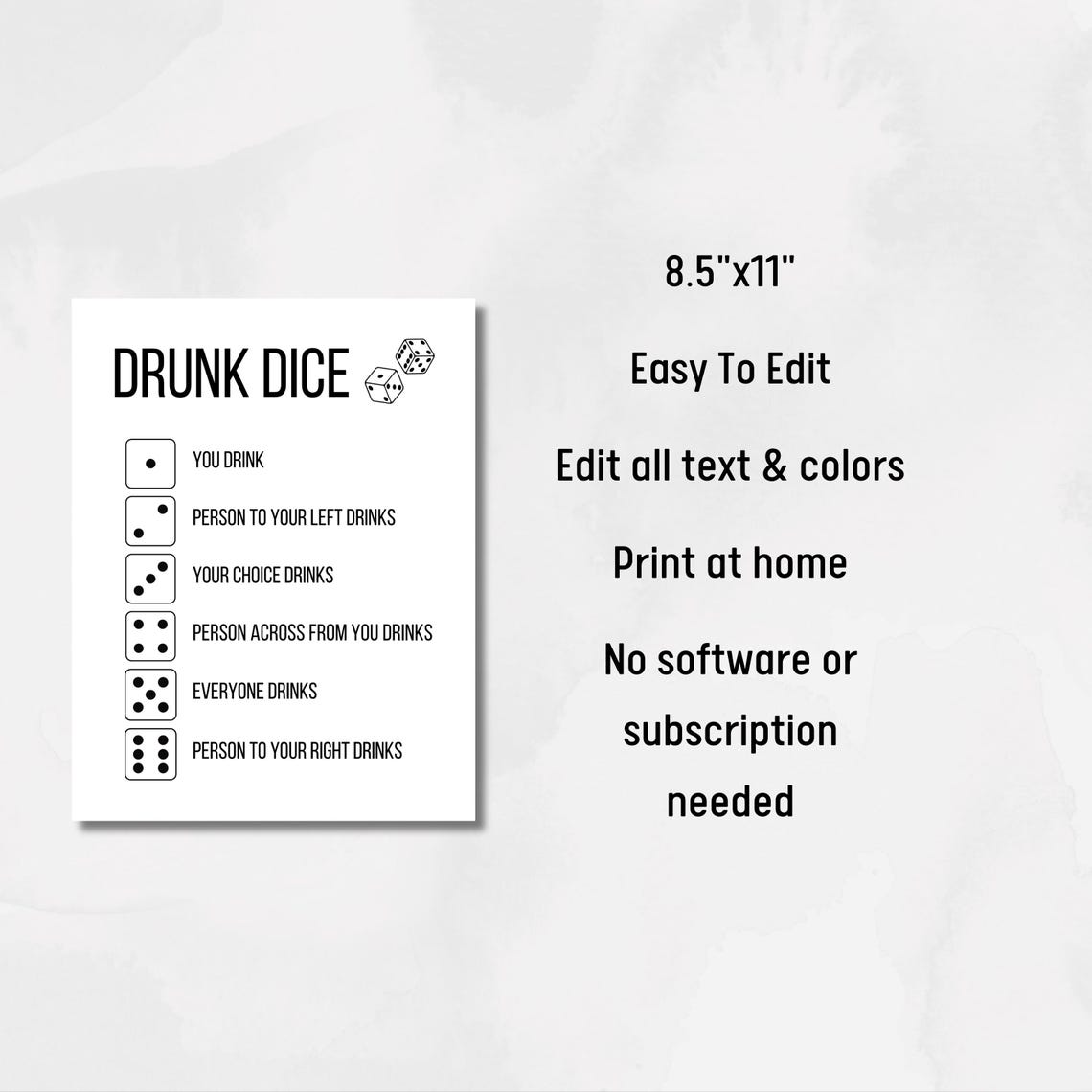 Drunk Dice Left Right Drink Template Customizable Edit at Home Adult ...