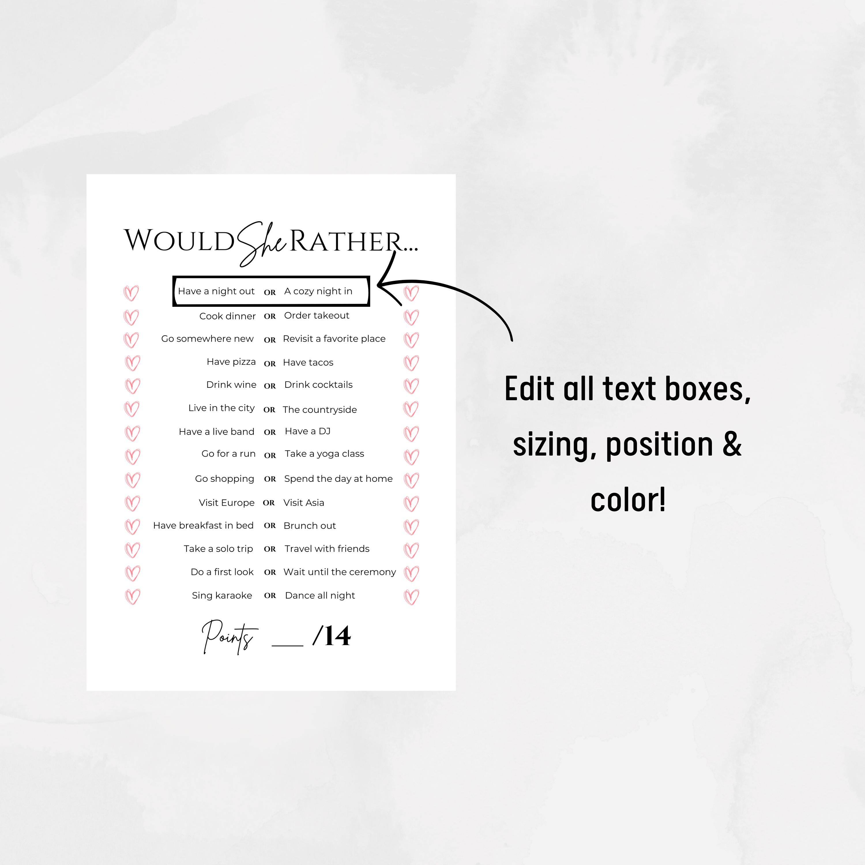 Would She Rather Template Bridal Shower Party Game Editable Digital ...