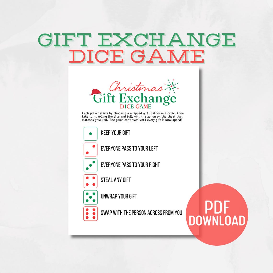 Christmas Dice Gift Exchange Printable Instant Download Holiday Present ...