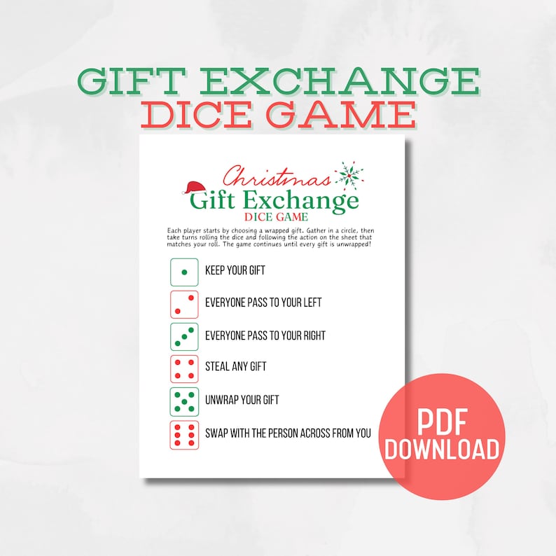 Christmas Dice Gift Exchange Printable Instant Download Holiday Present ...